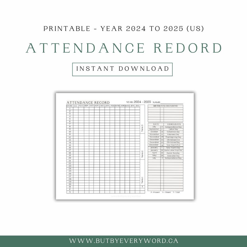 US Attendance Record 2023 - 2024 | Printable Homeschool Attendance ...