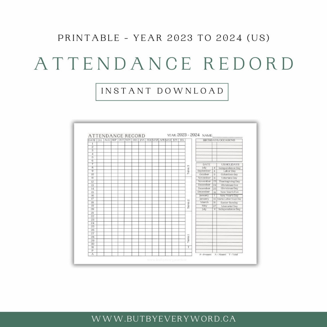 US Attendance Record 2023 2024 Printable Homeschool Attendance Sheet ...