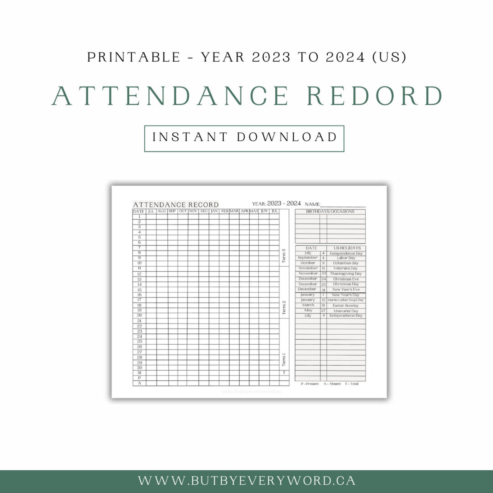 US Attendance Record 2023 2024 Printable Homeschool Attendance Sheet ...