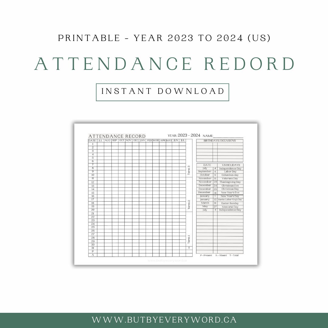 US Attendance Record 2023 2024 Printable Homeschool Attendance Sheet ...