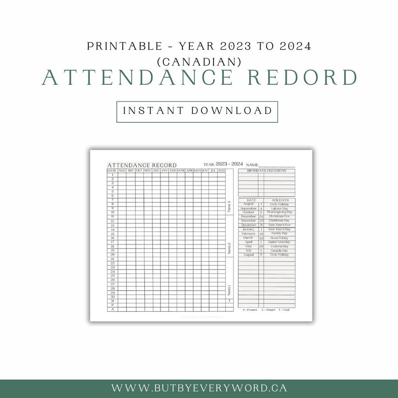 Printable Attendance Record 2023-2024 Canadian Homeschool Attendance ...