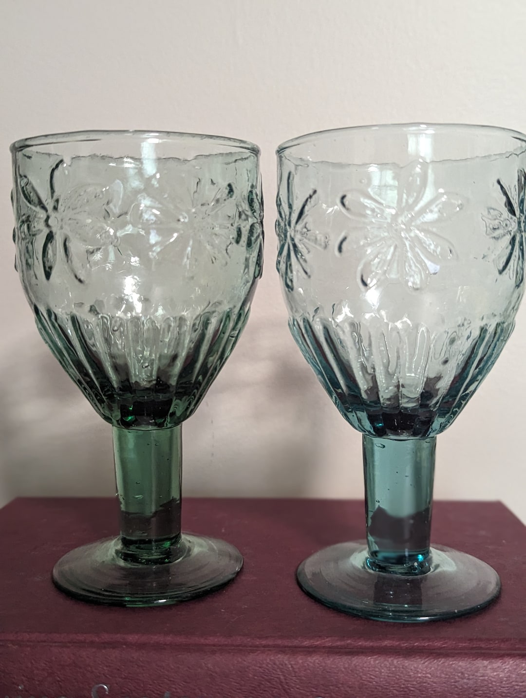Vintage Light Blue Embossed Flower Blown Glass Goblets, Set of 2 - Etsy