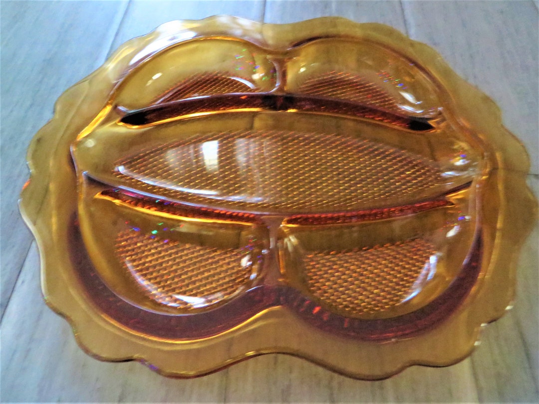 Vintage Amber Serving Plate/ Vintage Glass Plate With Divider/indiana ...