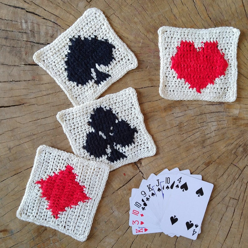 Crochet Playing Card Squares Pattern: Heart, Diamond, Club, Spade (PDF ...