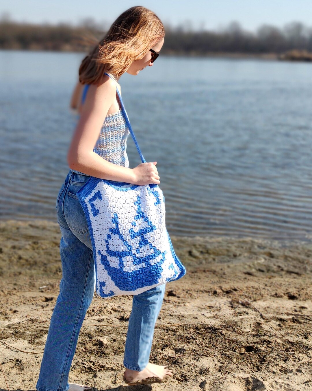 Crochet Pattern: Summer Shoulder Bag, Dutch Tiles C2c Beach Bag, Marine Style Comfy Bag for ...