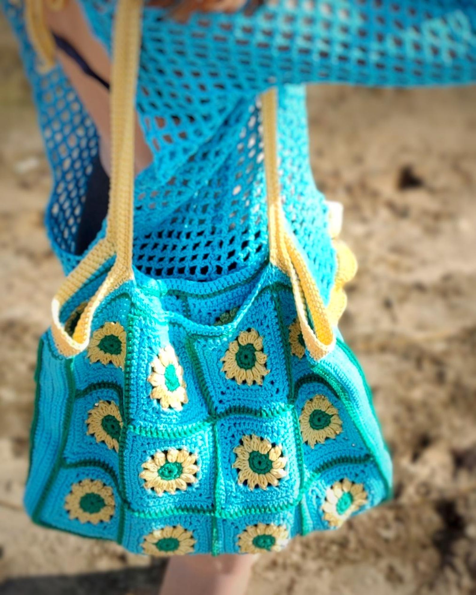 Crochet Pattern: Granny Flower Tote Bag, Granny Square Beach Bag, Sunny ...