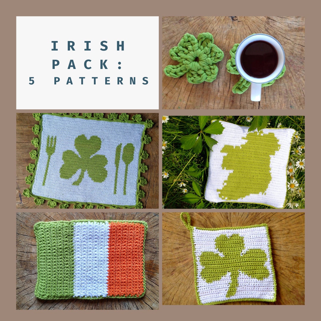 5 Crochet Patterns // Irish Pattern Pack: Shamrock Placemat, Potholder ...