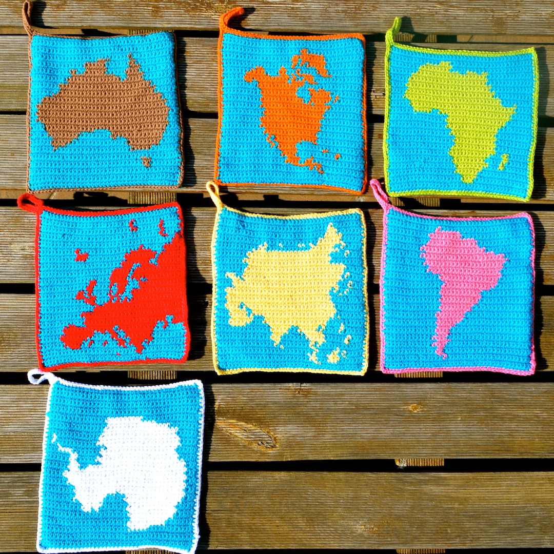 7 Crochet Patterns // Map Potholders, Africa, Australia, Europe, South ...