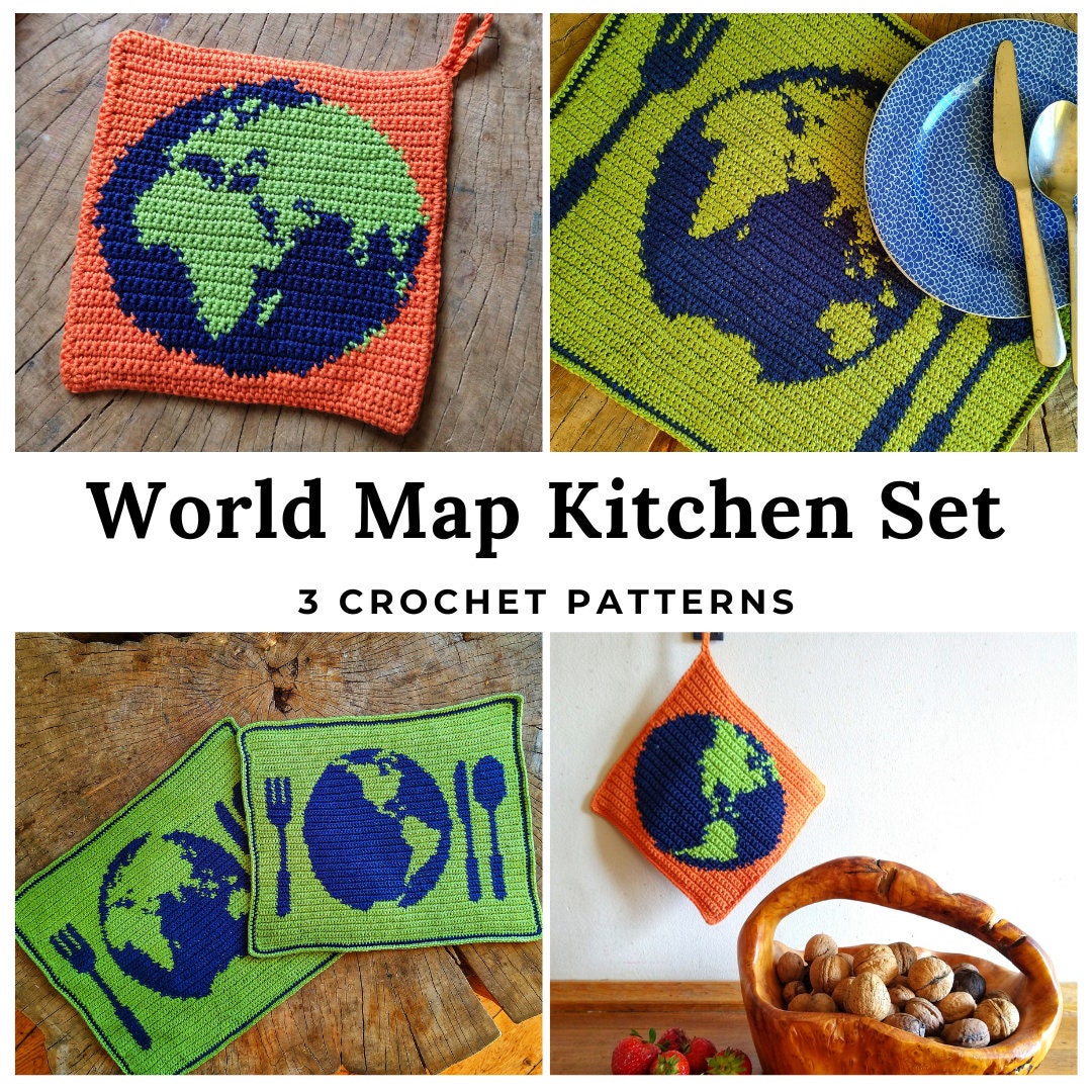 3 Crochet Patterns / World Map Kitchen Set: Potholder and 2 Placemats ...