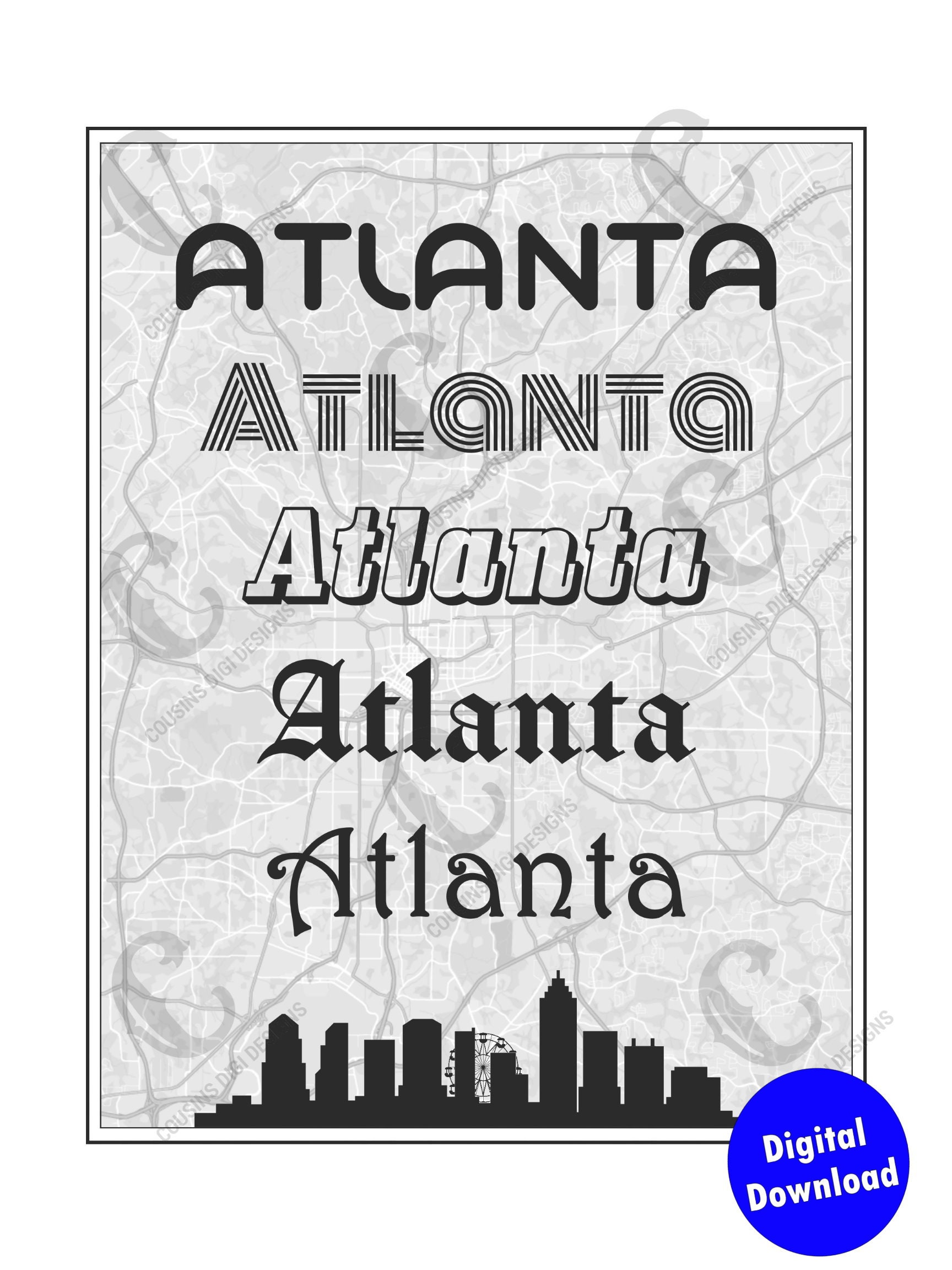 Atlanta City Map, Typography Printable, Greater Atlanta Area, Wall Art ...