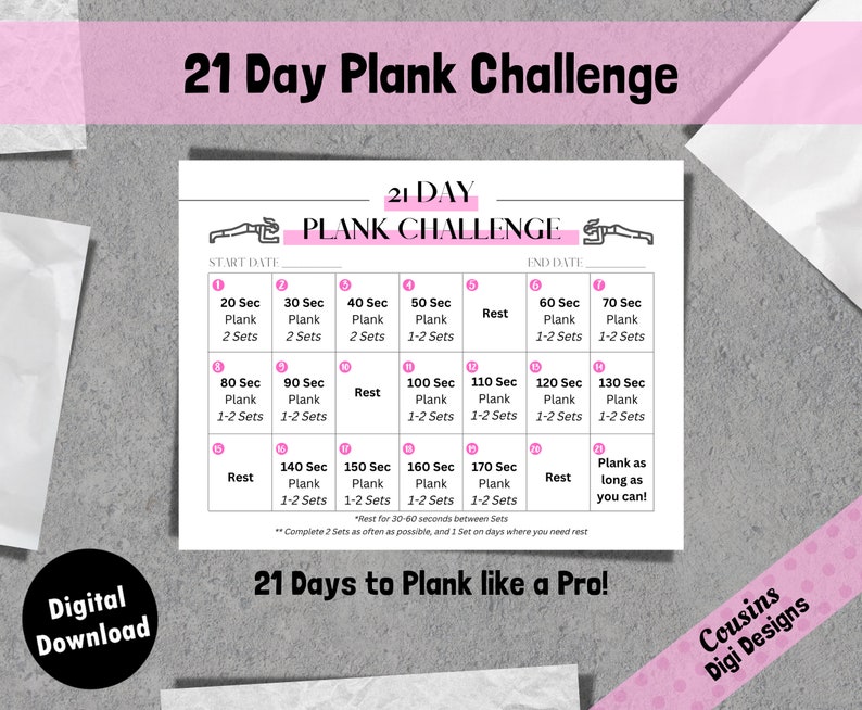 21 Day Plank Challenge, Fitness Challenge Print, Printable at Home ...