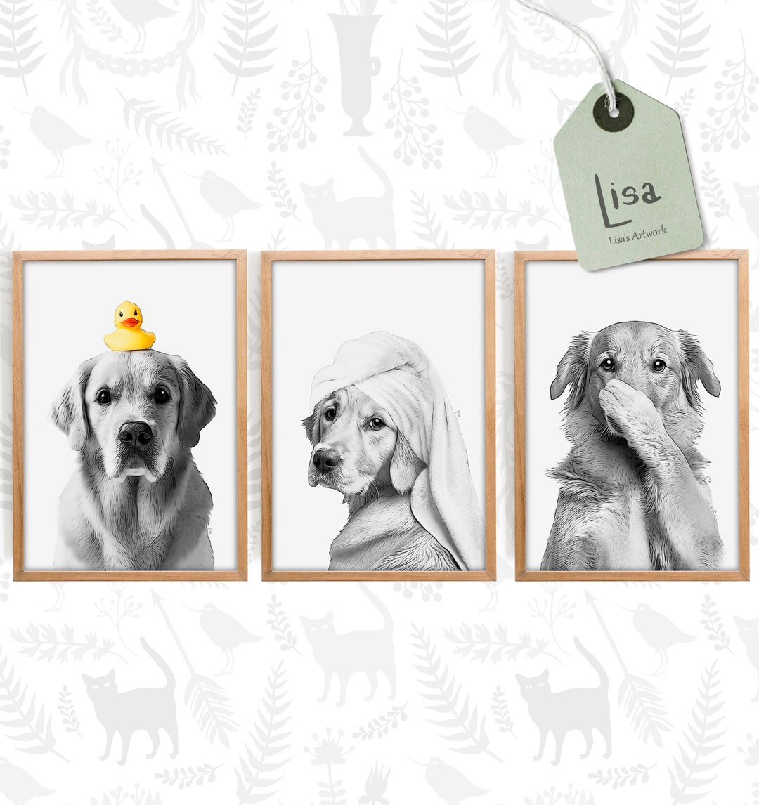 Golden Retriever Bathroom Prints Set Printable Wall Art for Bathroom ...
