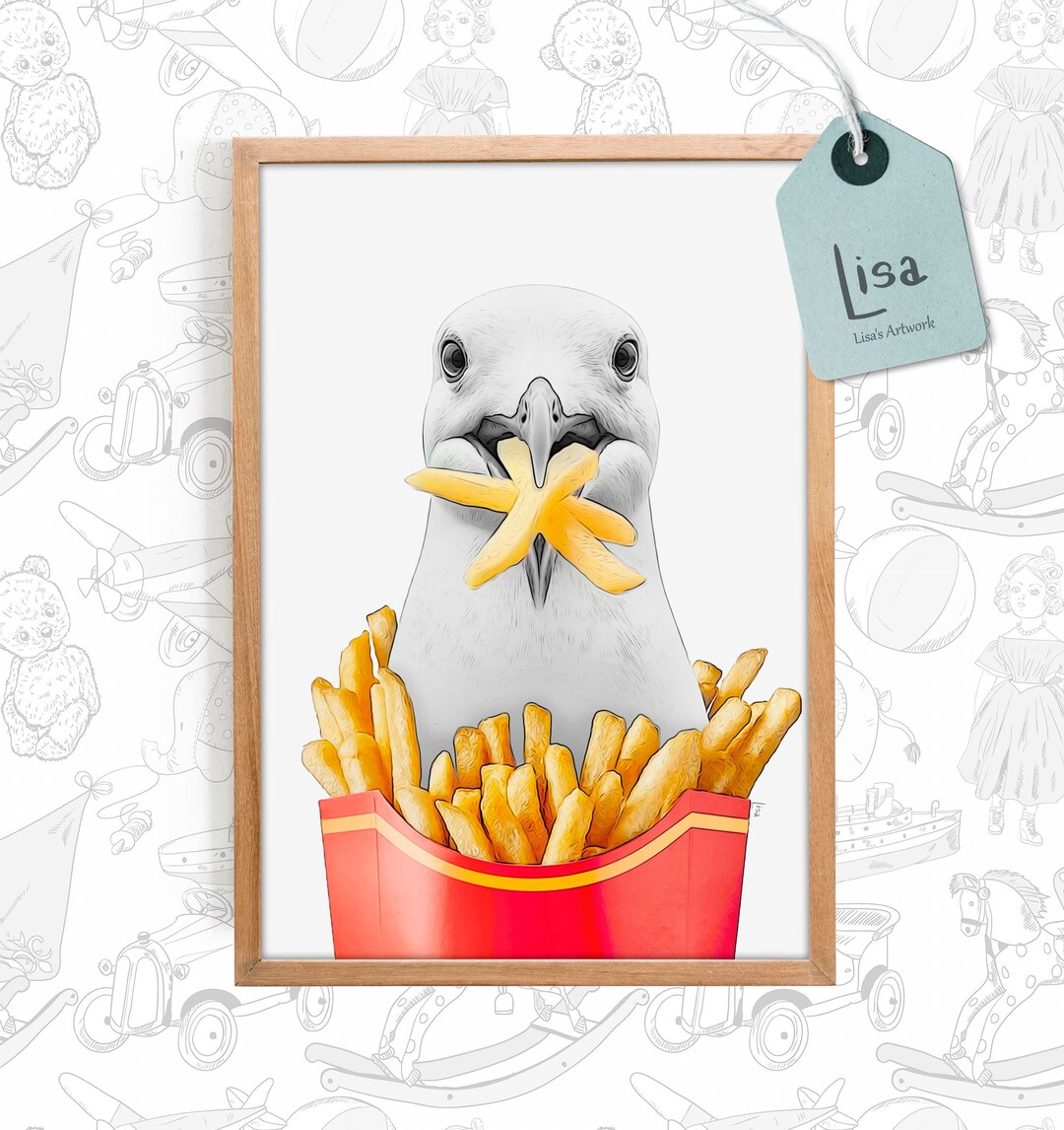 Cute Seagull Eating French Fries Digital Artwork for Instant Download ...