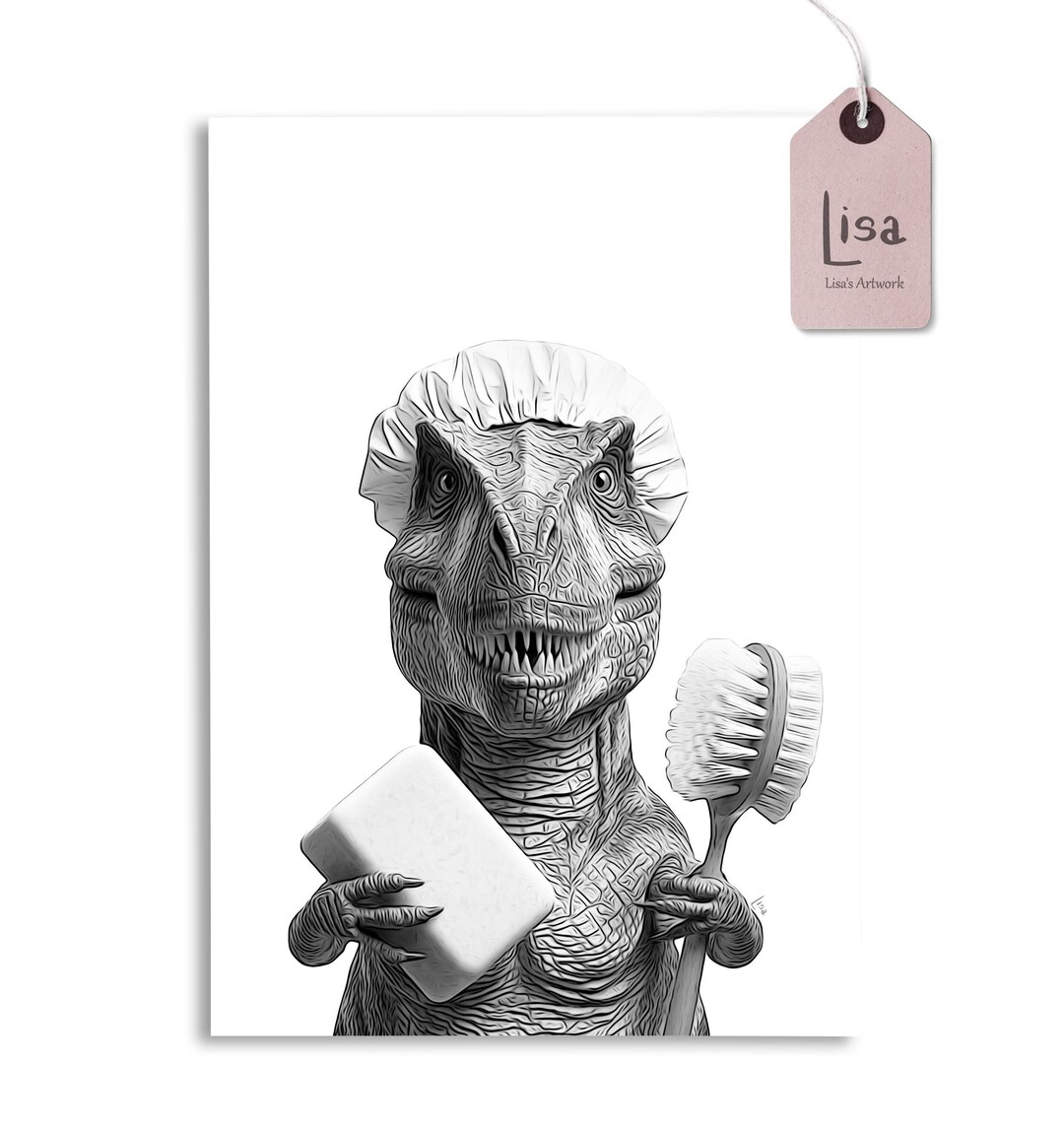 Bathroom Wall Art, Washing T-rex Dinosaur With Brush and Soap, Funny ...