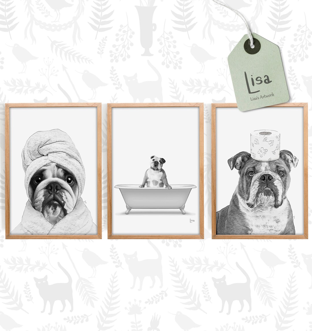 English Bulldog Trio Prints Set of 3 Toilet Paper, Bathrobe, Bathtub ...