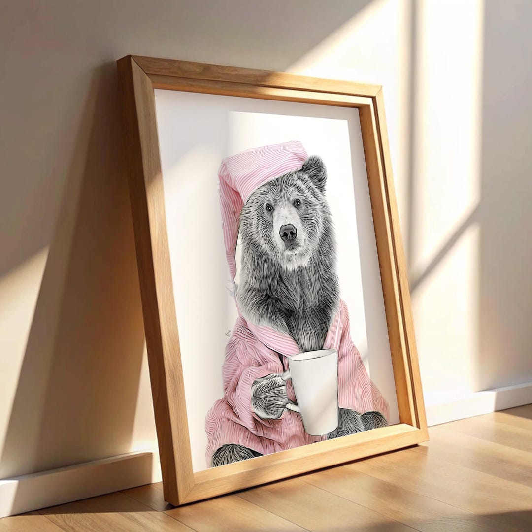 Cute Bear Wall Art – Printable Animal Decor With Nightgown and Cup ...