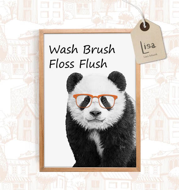 Printable Bathroom Wall Decor Panda Wash Brush Floss Flush | Etsy