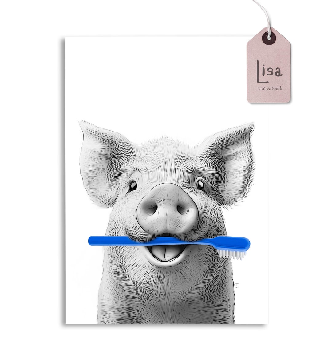 Bathroom Art, Brushing Teeth, Pig, Bathroom Wall Art, Bathroom Kids Art ...