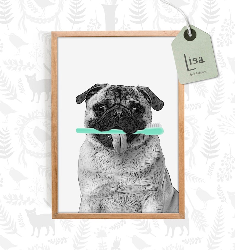 Bathroom Art Brushing Teeth Pug Dog Print Bathroom Wall - Etsy