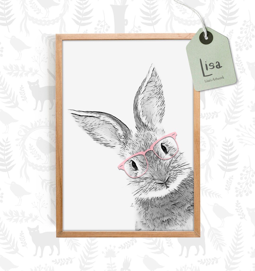 Bunny Print Nursery, Farm Animal Prints, Animal With Glasses, Black and ...