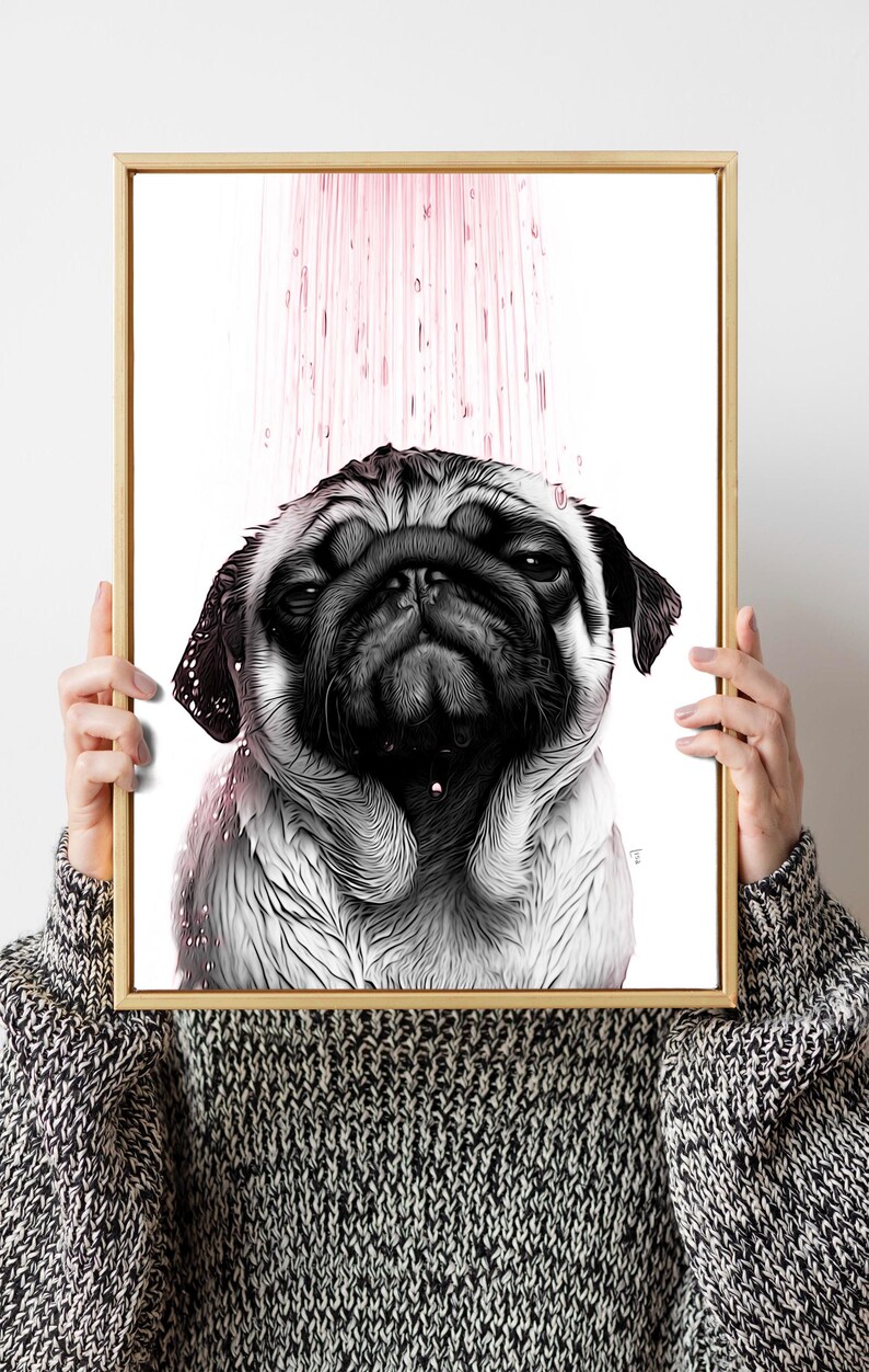 Pug Taking a Shower, Funny Bathroom Art, Bathroom Wall Art, Bathroom ...