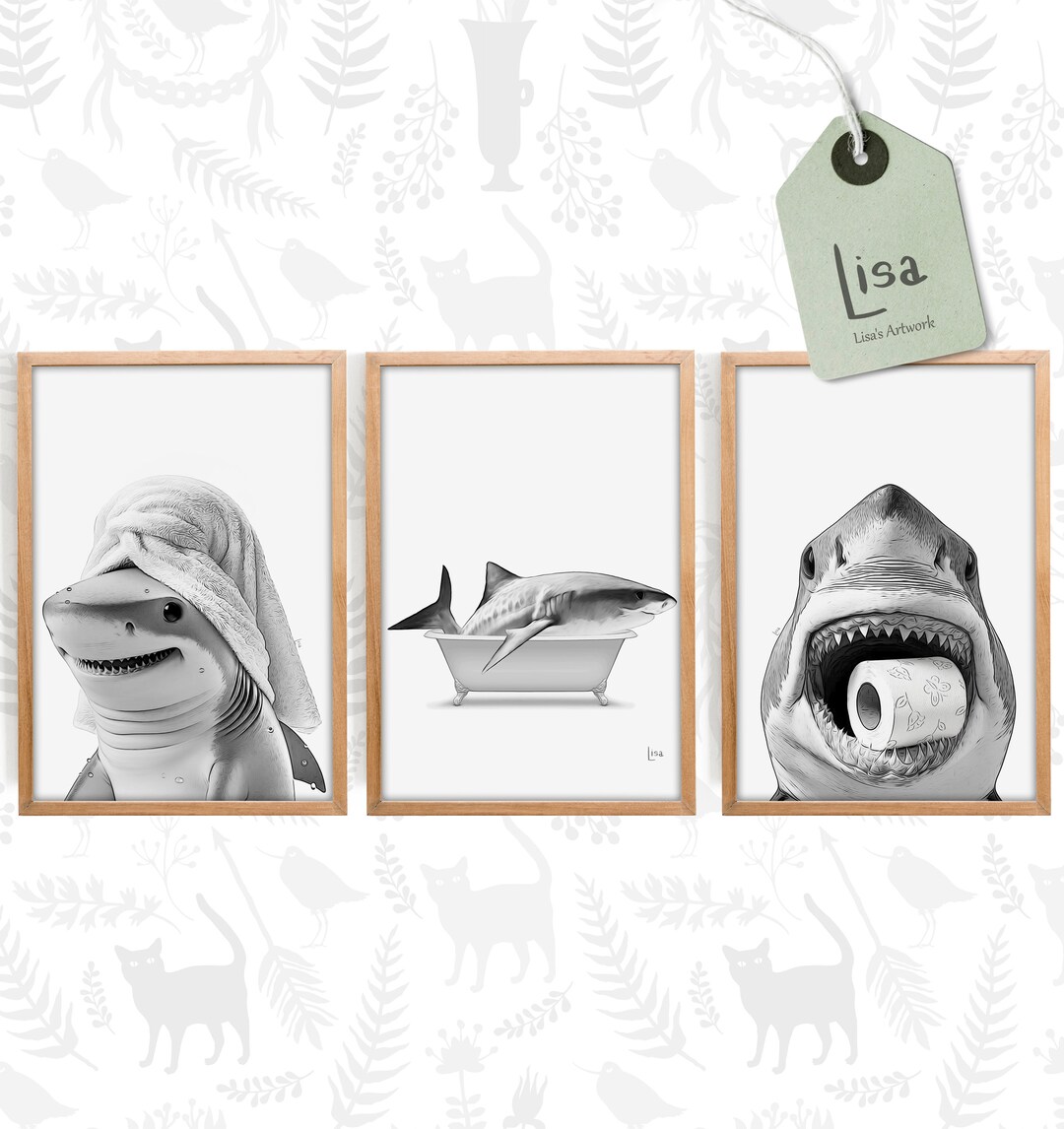 Set of 3 Shark Bathroom Prints Printable Wall Art, Bathroom Art ...
