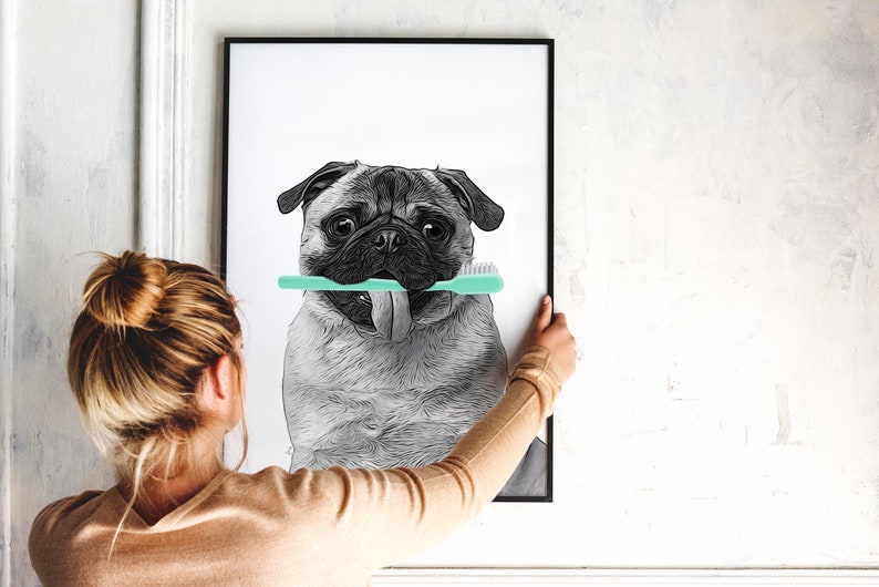 Bathroom Art Brushing Teeth Pug Dog Print Bathroom Wall - Etsy