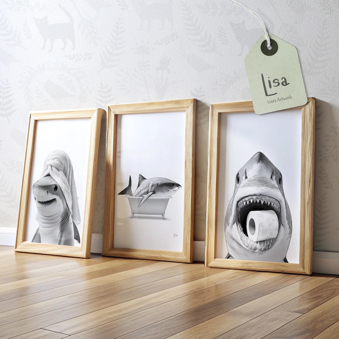 Set of 3 Shark Bathroom Prints - Printable Wall Art, Bathroom Art ...