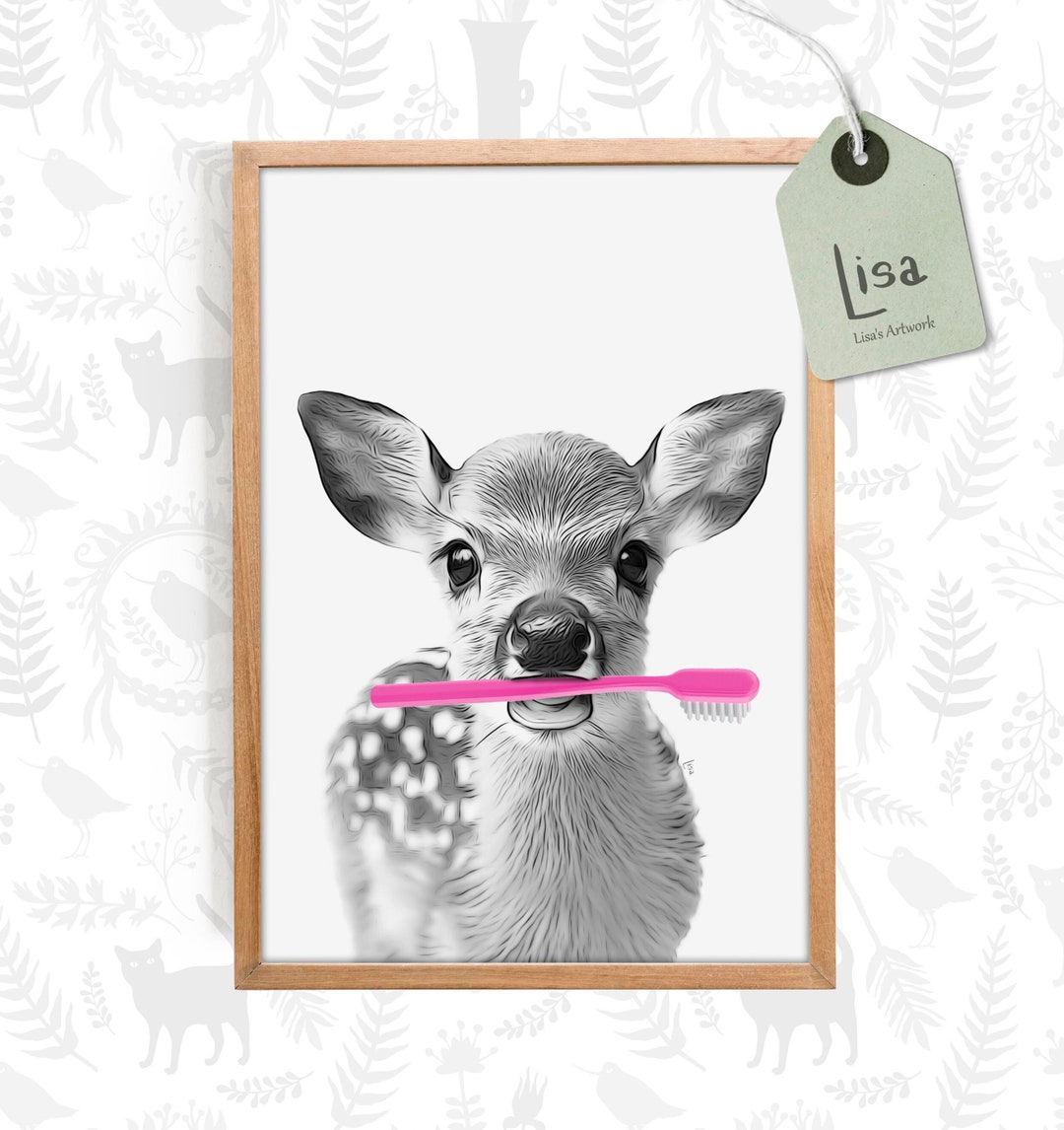 Fawn Bathroom Art, Brushing Teeth, Deer, Buck, Bathroom Wall Art ...