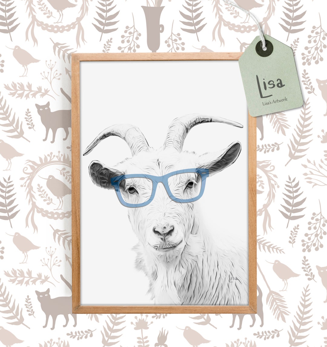Farm Animal Prints, Goat Art, Goat Print, Animal With Glasses, Black ...