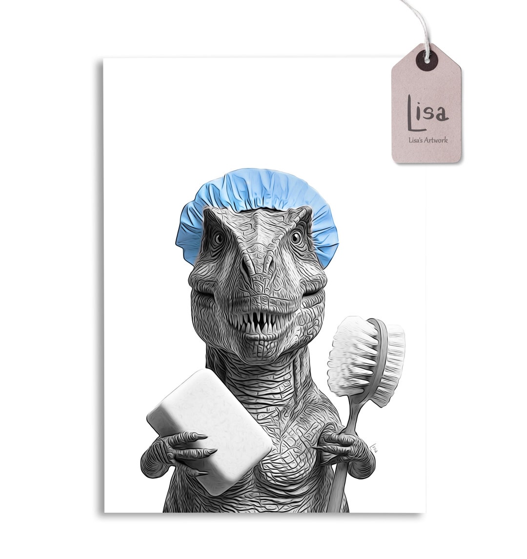 Bathroom Wall Art, Washing T-rex Dinosaur With Brush and Soap, Funny ...
