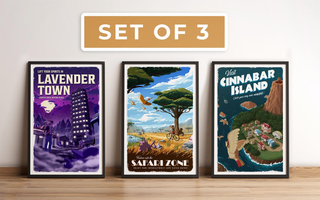 Set of 3: Pokemon Travel Posters - Retro Vintage Illustration, PC Gamer ...