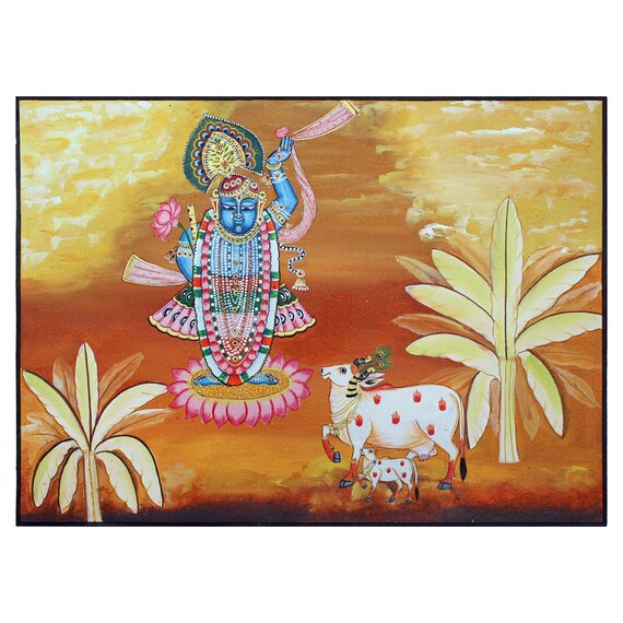 Traditional wall painting of shrinath ji with cows indian | Etsy