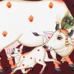 Traditional Wall Pichwai of Cow Playing With Her Calf , Trendy Home ...