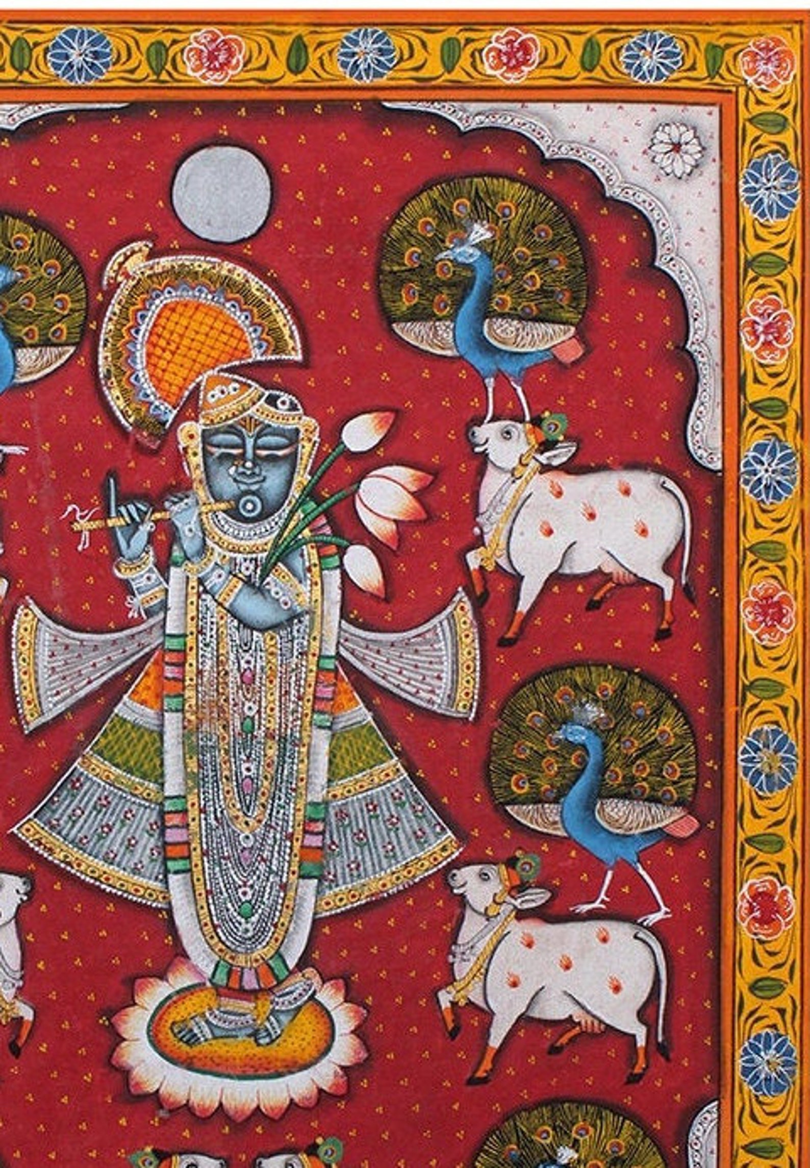 Painting of Shrinath Ji With Peacock and Cows- Hand Made Shrinath Ji ...
