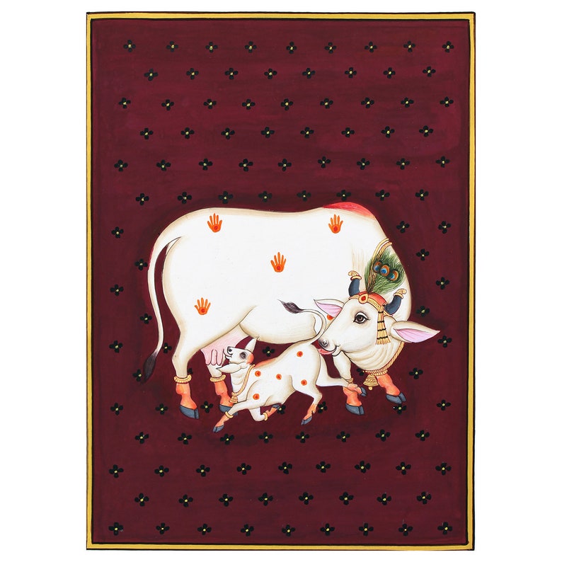 Traditional Wall Pichwai of Cow Playing With Her Calf Trendy | Etsy