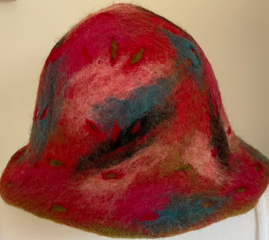 Fabulous Unique 100% Wool Felt Hat Hand Made Arty Design Multi Coloured ...