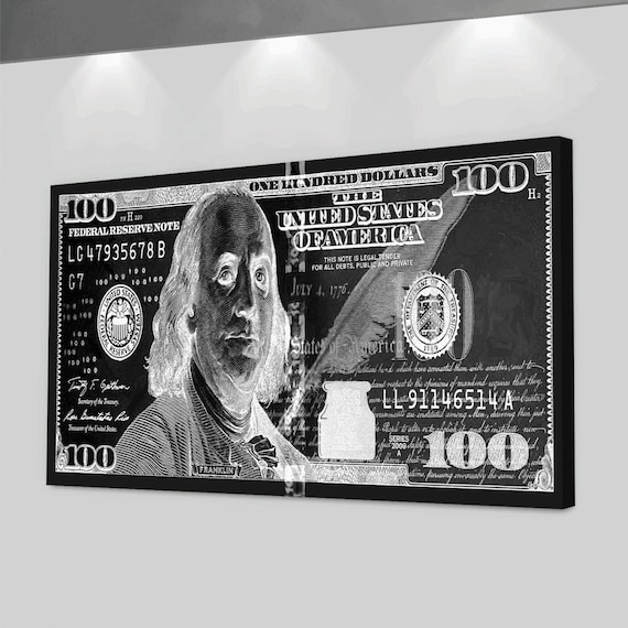 100 Dollar Bill Black And White Black 100 Dollar Bill Wall Art: Canvas