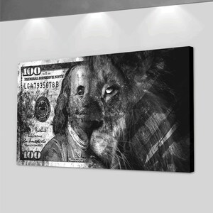 100 Dollar Bill Lion Wall Art Canvas Print Office Decor, Hungry for ...