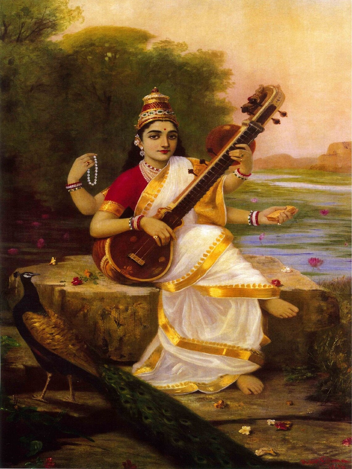 Goddess Saraswati by Raja Ravi Varma - Canvas Rolled Indian Painting ...