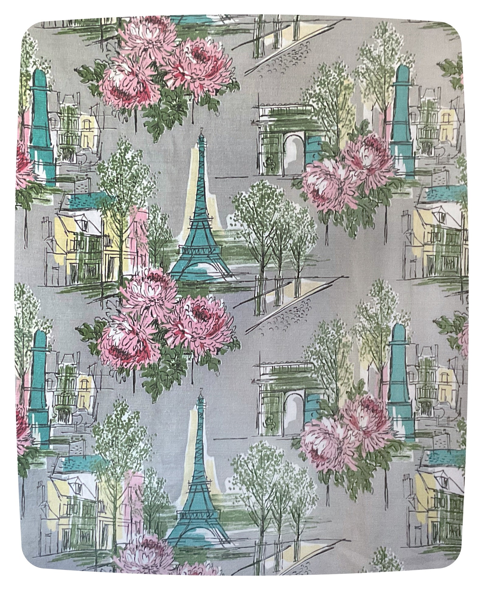 Vintage BARKCLOTH, 1940s Eiffel Tower Paris Upholstery Fabric, Pink ...