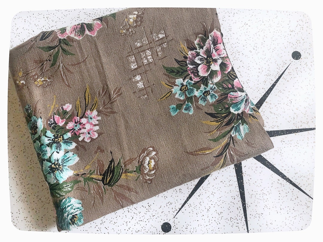 Vintage 1940s / 50s BARKCLOTH, Floral Rose Print Fabric, Mid Century ...