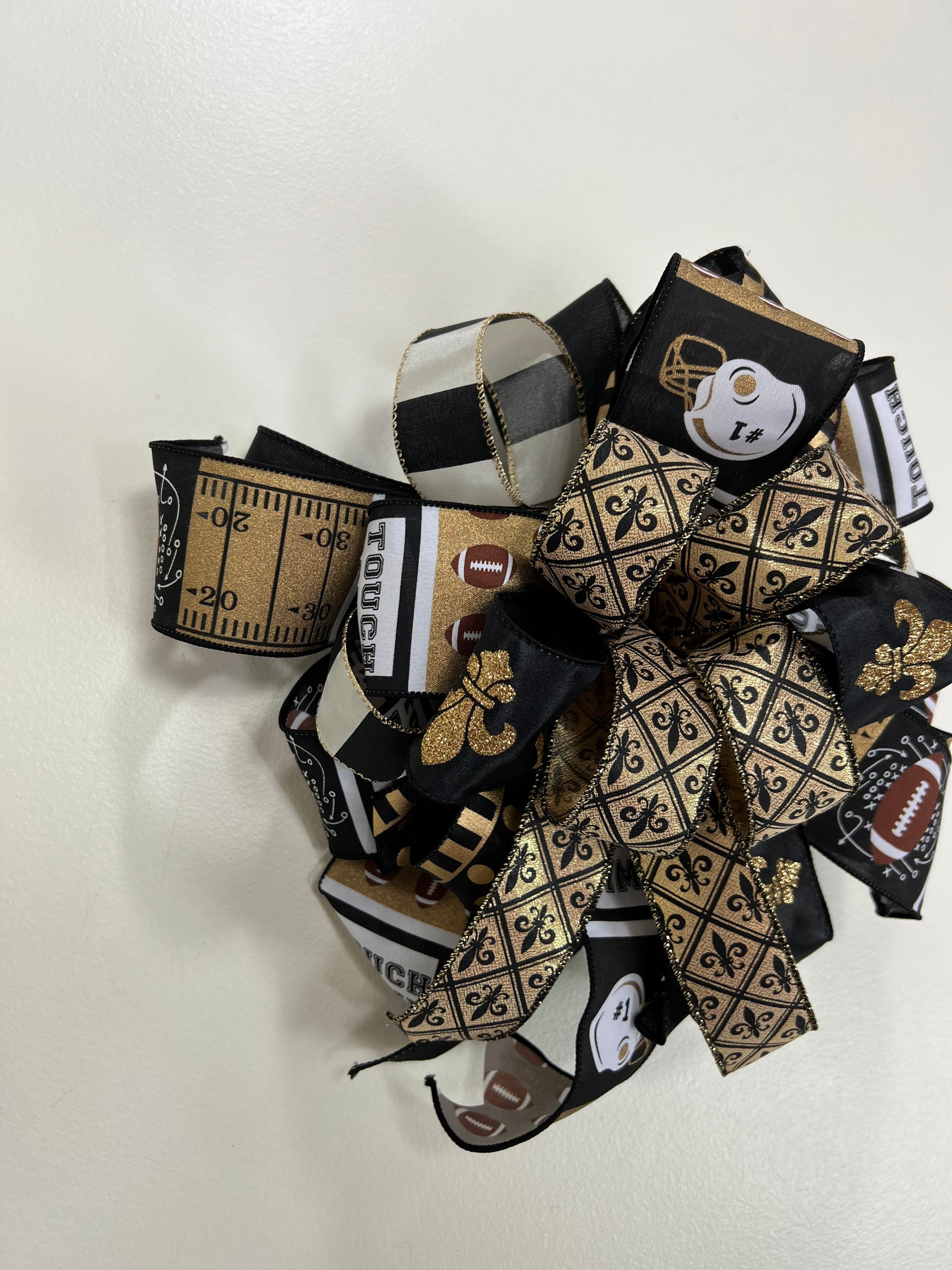 Sports Themed Ribbon Bow With Football Helmets and Footballs With Black ...