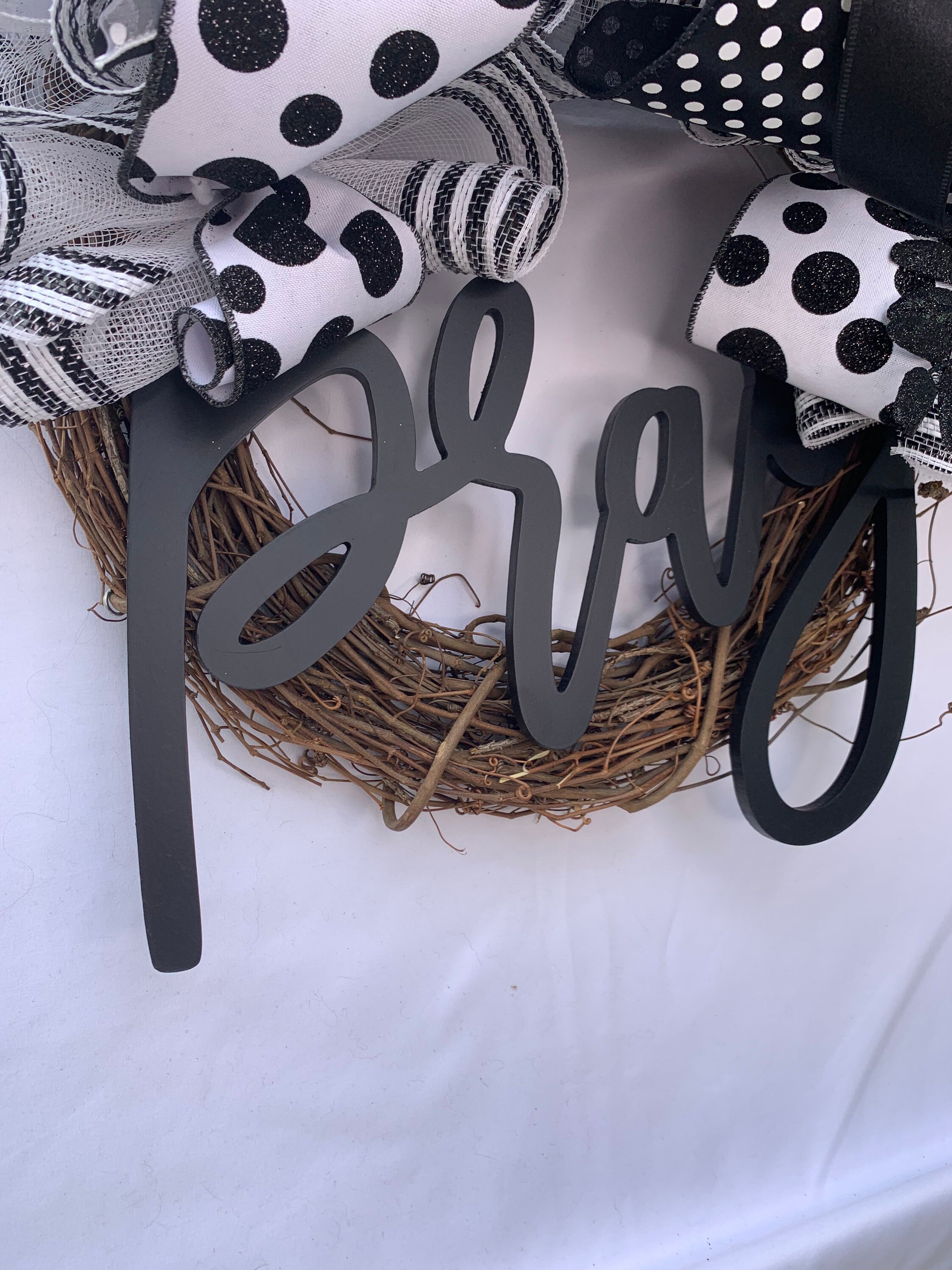 Pray Wreath With Cursive Sign, Black and White Polka Dot and Stripe ...