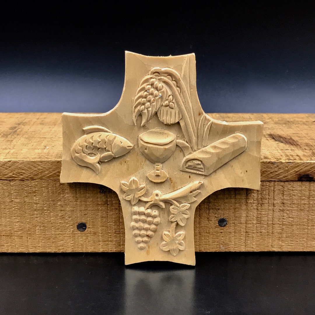 Small VTG Hand-carved Wood Communion Cross With Fish, Grapes, Wheat ...