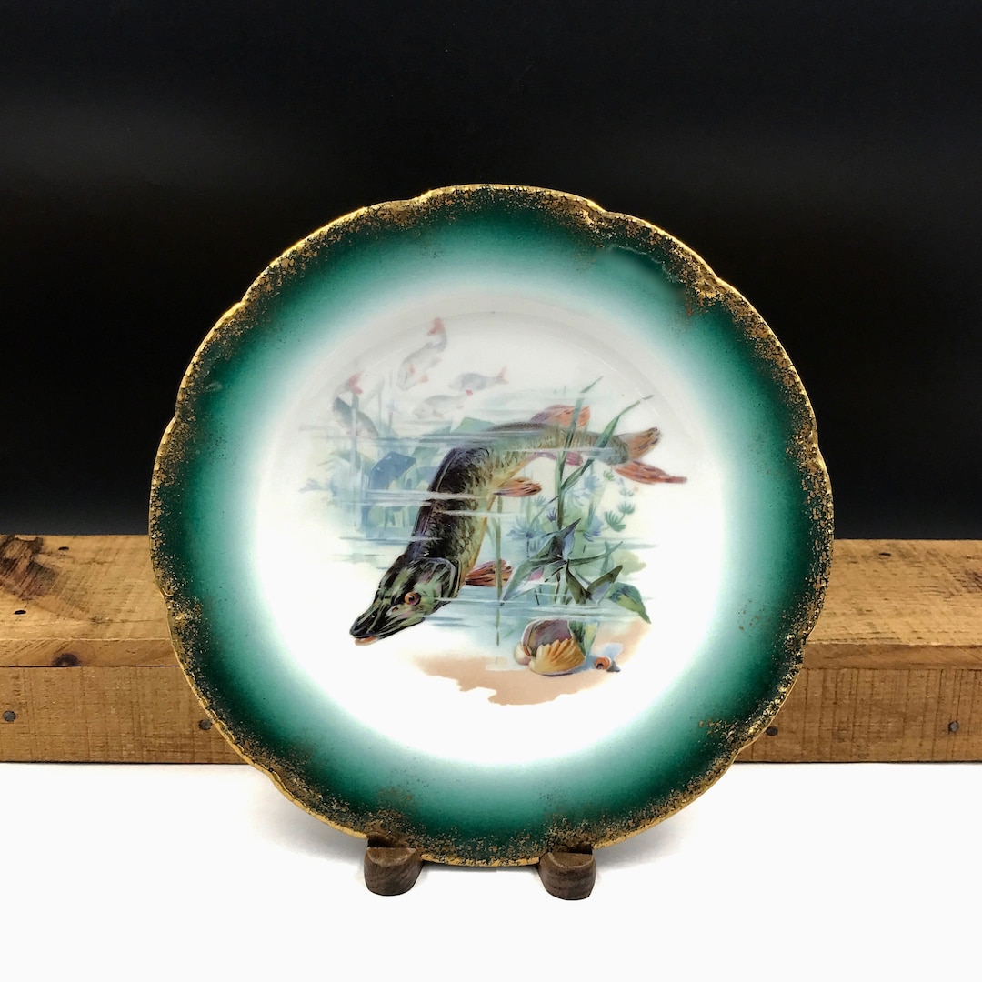 Antique Limoges Fish Plate: Bassett Austria, Gold Gilt Green Border (8. ...