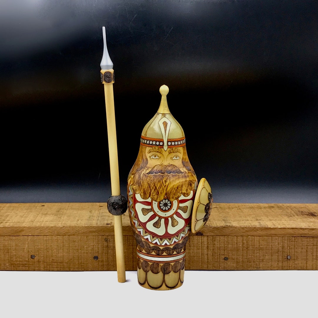 DETAILED VTG Russian Folk Art Pyrography Wood Viking With Spear ...