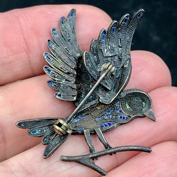 Antique Plique a Jour Enamel Bluebird Brooch 800 Silv… - Gem