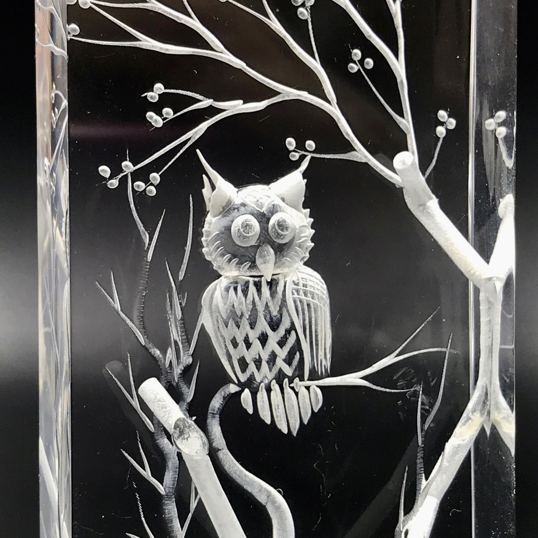 VTG Carved Lucite Acrylic Owl in Tree Paperweight Sculpture Block ...