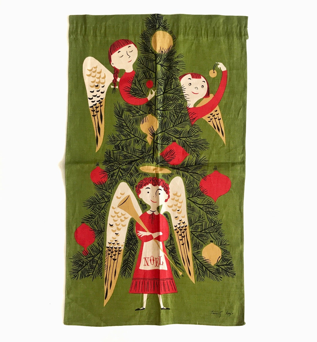 VTG Tammis Keefe Green Christmas Angels Tea Towel Altered With ROD ...
